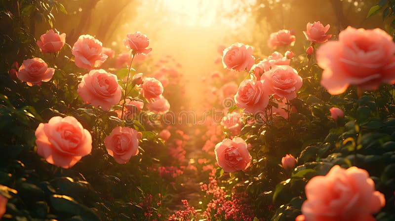 Sunlit Path through a Rose Garden at Dawn Stock Illustration ...
