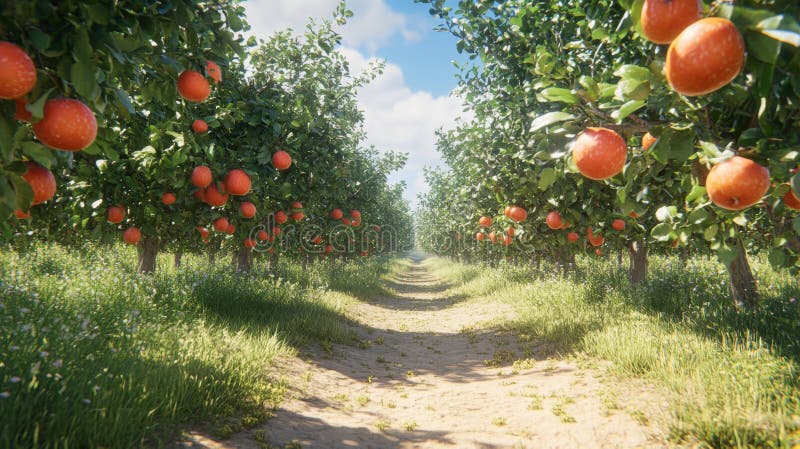 Sunlit Path through Rows of Apple Trees Laden with Fruit Stock Photo ...