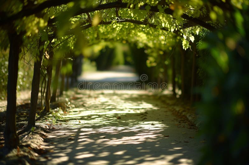 Sunlit Path with Shadows of Leaves, with a Blurry Green Canopy Above ...