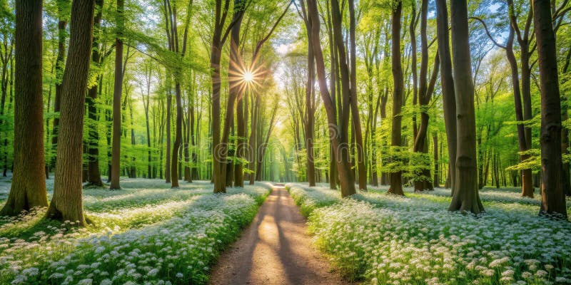 Sunlit Path through a Spring Forest of Tall Trees and Blooming ...