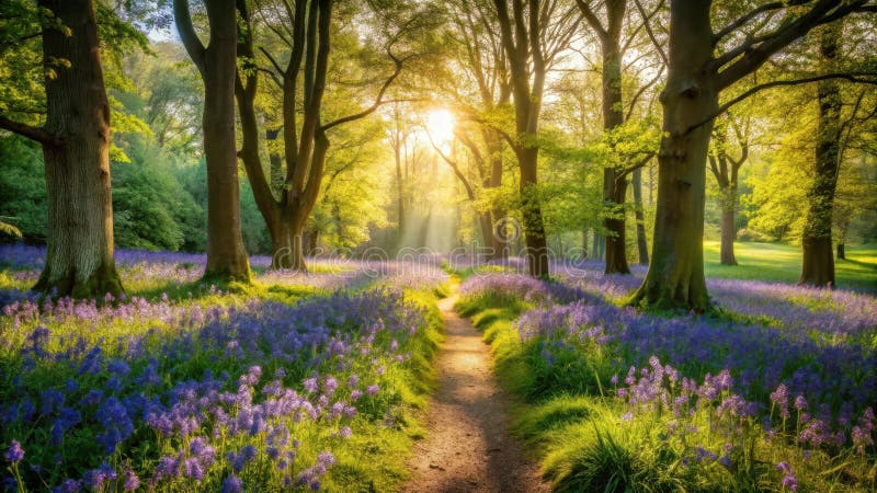 Sunlit Path through a Spring Woodland of Blooming Flowers. Generative ...