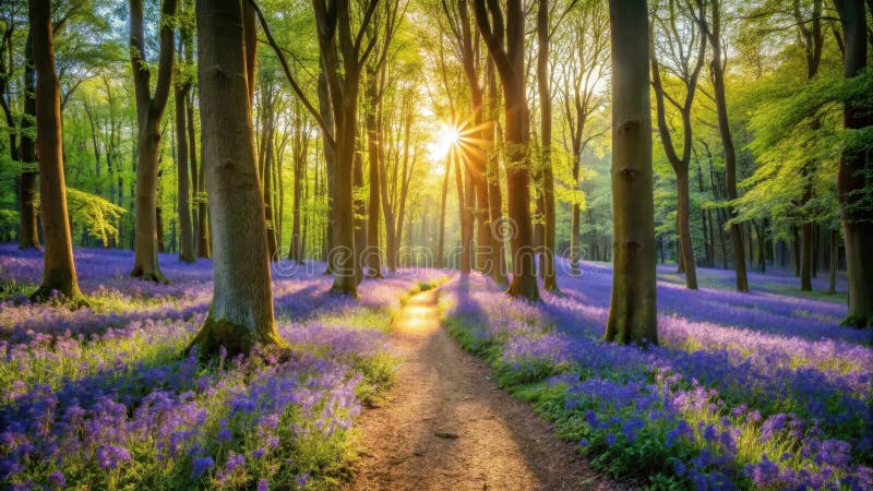Sunlit Path through a Spring Woodland of Purple Flowers. Generative AI ...