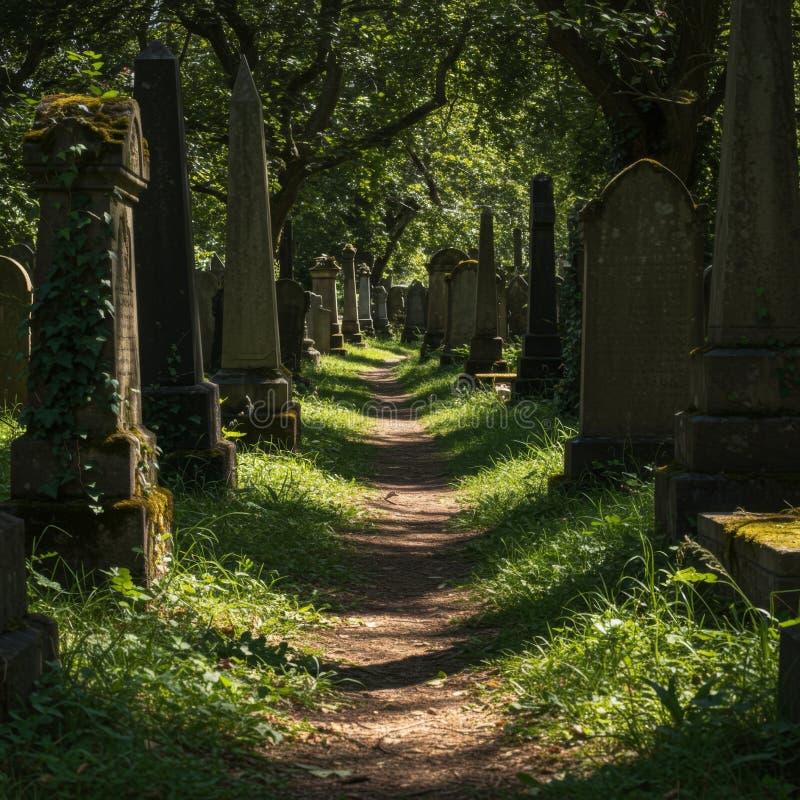 Sunlit Path through a Tranquil Cemetery Stock Illustration - Illustration of green, historical ...