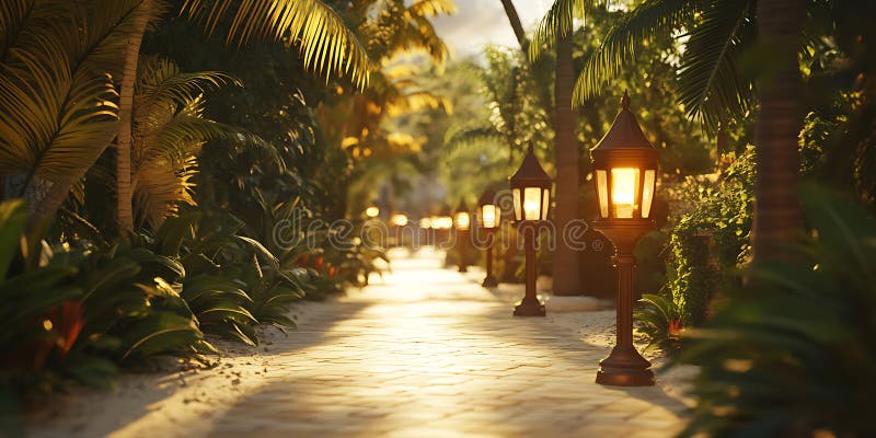 Sunlit Path Tropical Garden Lantern Lights Paradise Walkway Background ...