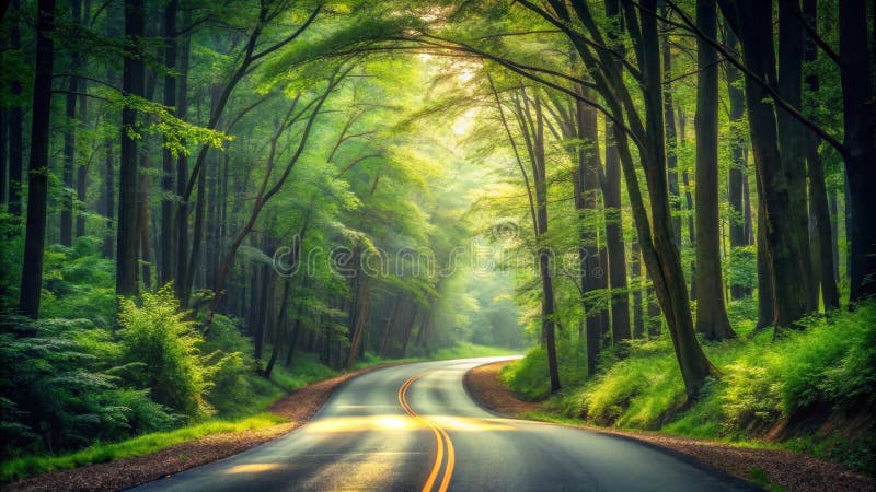 Sunlit Path Winding through Lush Green Forest Canopy. Generative AI ...