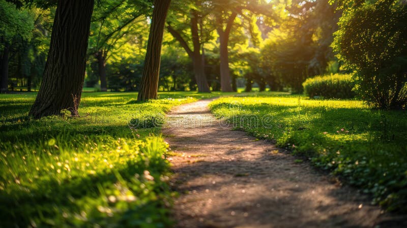 A Sunlit Path Winding through a Lush Green Forest Stock Illustration ...