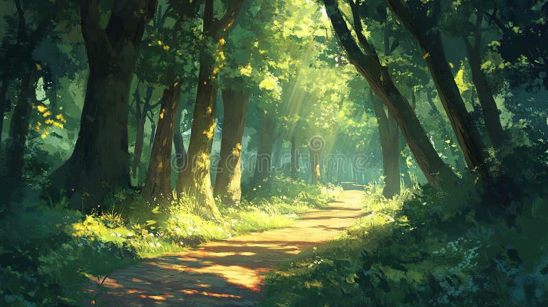 Sunlit Path Winding through a Lush Green Forest. (1 Stock Photo - Image ...
