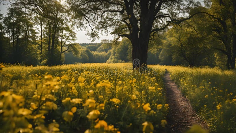 Sunlit Path through Yellow Wildflowers Stock Video - Video of green ...