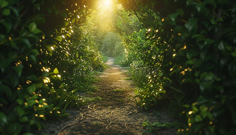 Sunlit Pathway Amidst Green Trees, with Light Shining through the ...