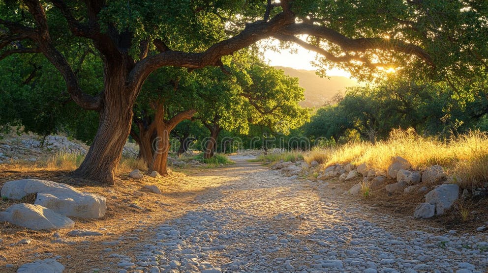 Sunlit Pathway through Ancient Olive Grove Trees Stock Illustration ...