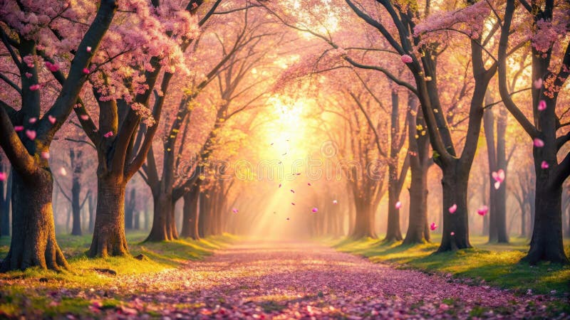 Sunlit Pathway through a Blossoming Pink Tree Tunnel. Generative AI ...