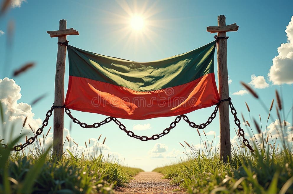 Sunlit Pathway with Colorful Flag and Chains in a Rural Landscape Stock ...