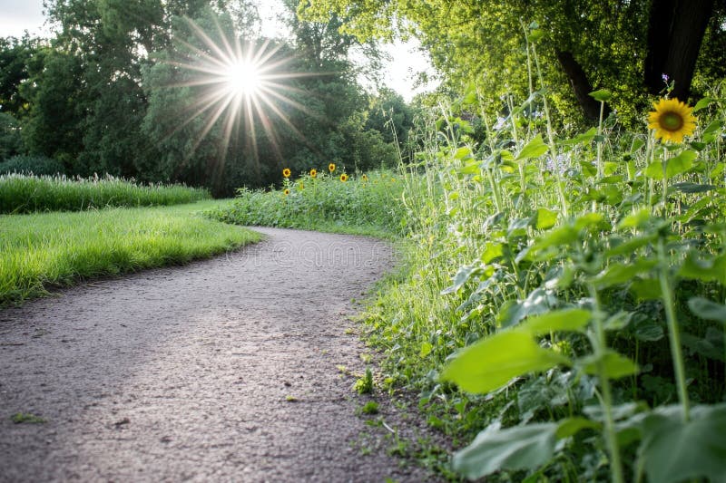 Sunlit Pathway Curved through Lush Greenery with Sunflowers and ...