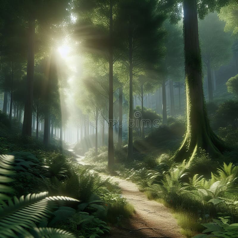 Sunlit Pathway through a Dense Green Forest Stock Image - Image of path ...