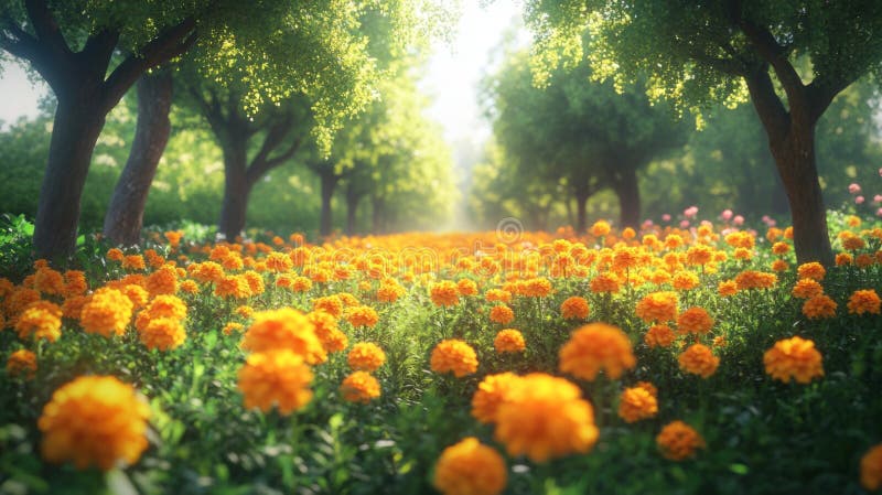 Sunlit Pathway through a Field of Orange Flowers and Trees Stock ...
