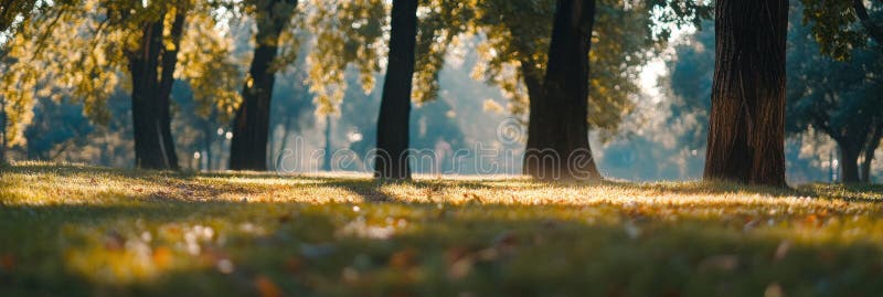 Sunlit Pathway through Forest with Trees Casting Shadows on Grass Stock ...
