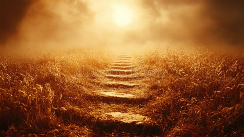 Sunlit Pathway through Golden Field at Sunrise with Misty Atmosphere ...
