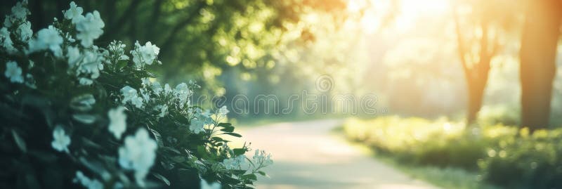 Sunlit Pathway through Green Park with White Flowers and Trees in Bloom ...