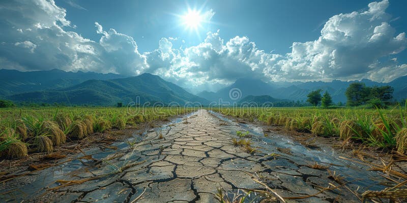 Sunlit Pathway through a Rice Paddy Field. Created by Generative ...
