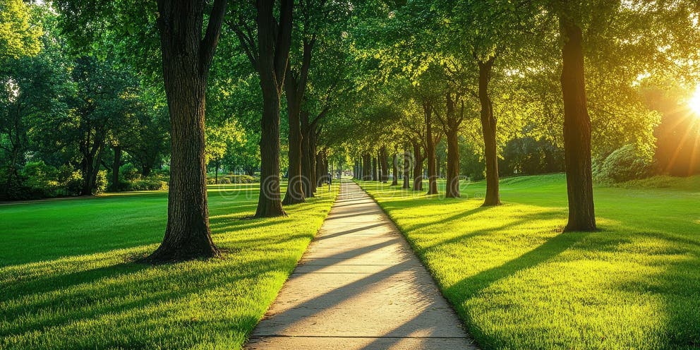 A Sunlit Pathway Lined with Trees in a Serene Park Setting Stock ...