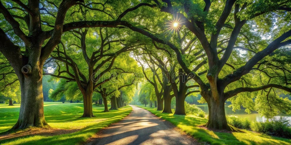 Sunlit Pathway through a Lush Canopy of Ancient Trees. Generative AI ...