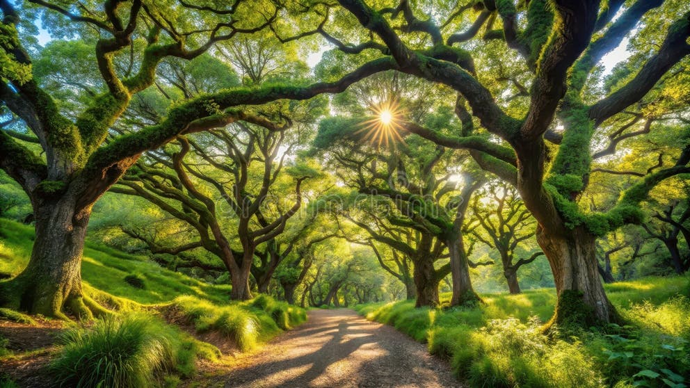 Sunlit Pathway through a Lush Canopy of Ancient Trees. Generative AI ...