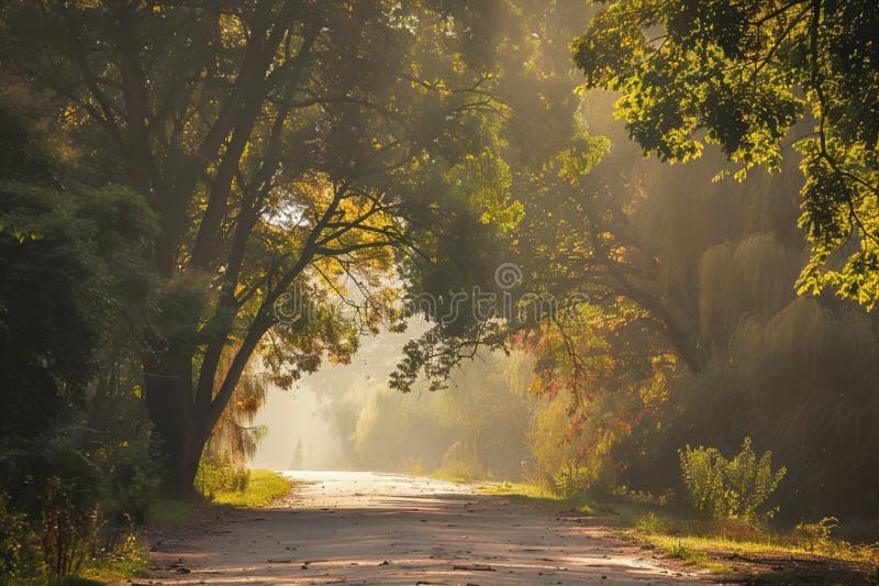 Sunlit Pathway in a Lush Forest with Tall Trees Arching Overhead ...