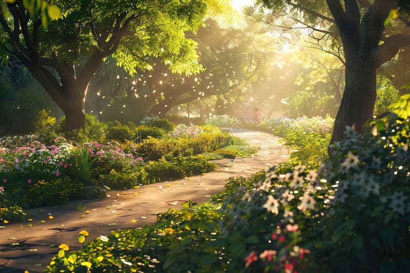 Sunlit Pathway in a Lush Garden Stock Photo - Image of foliage, flora ...