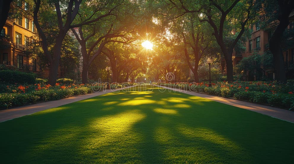Sunlit Pathway through a Lush Green Park at Sunset Stock Image - Image ...
