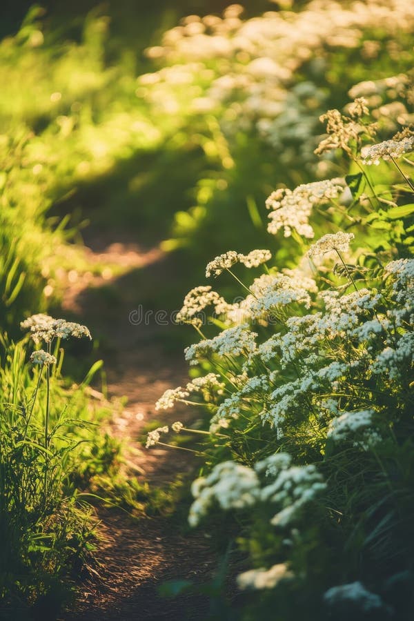 Sunlit Pathway through Lush Greenery and White Wildflowers in Nature ...