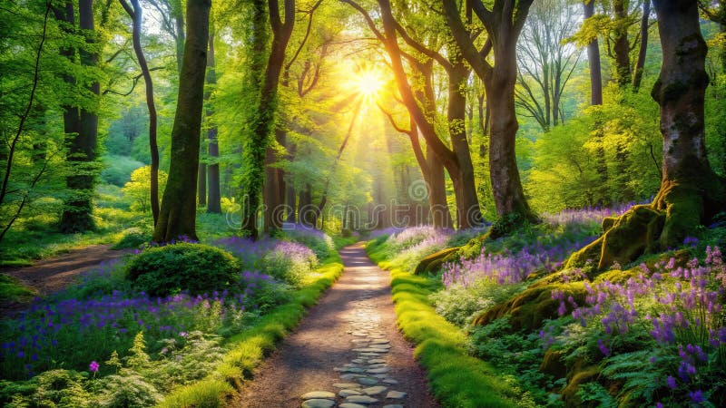 Sunlit Pathway through a Lush Spring Forest with Vibrant Flowers ...