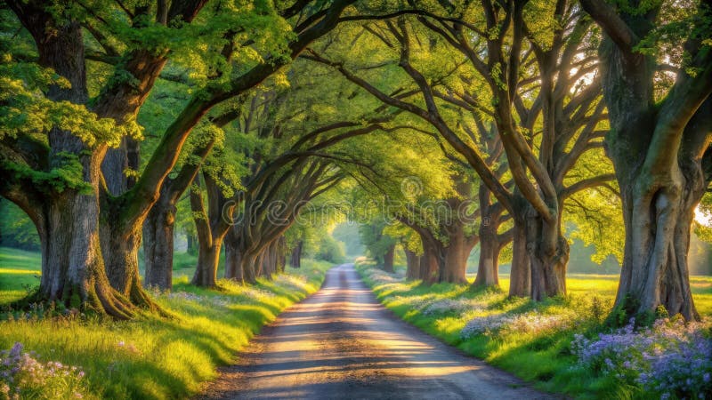 Sunlit Pathway through a Majestic Canopy of Ancient Trees. Generative AI Stock Illustration ...
