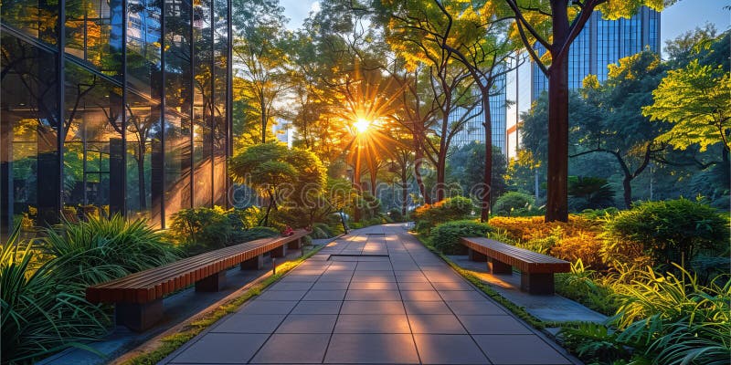 Sunlit Pathway in a Modern Urban Park with Benches and Lush Greenery ...