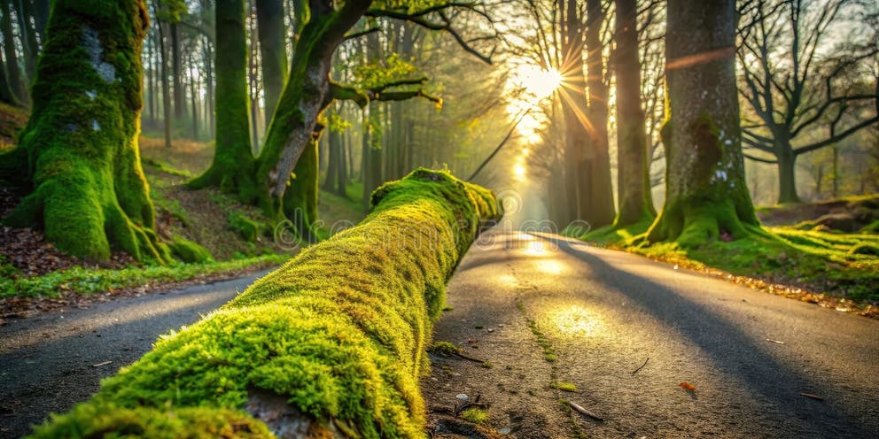 Sunlit Pathway through a Mossy Forest with Fallen Log. Generative AI ...