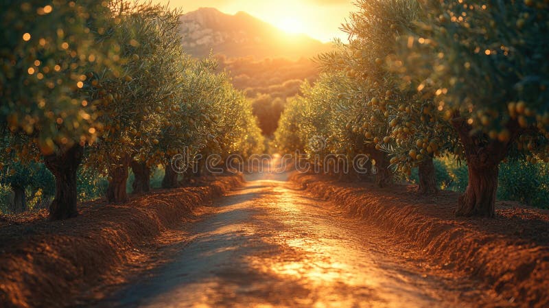 Sunlit Pathway through Olive Grove at Sunset with Golden Hues Stock ...