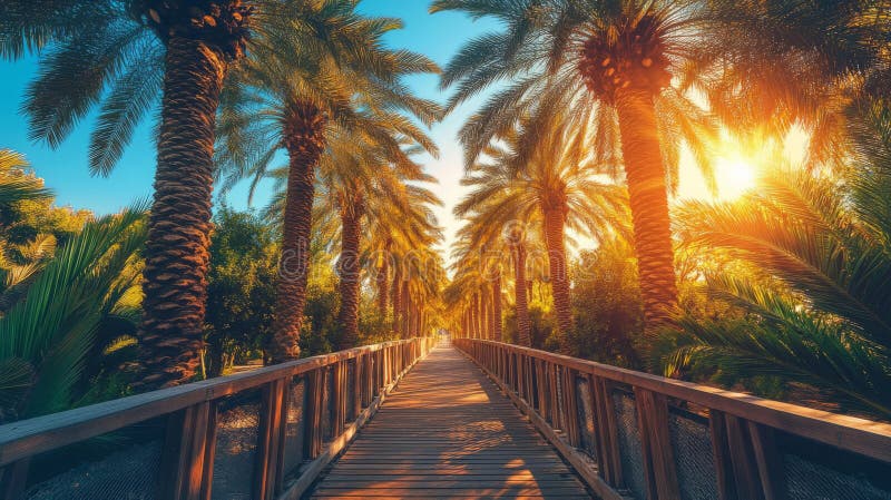 Sunlit Pathway through Palm Tree Grove at Sunset Stock Illustration ...