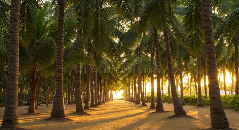 Sunlit Pathway through Palm Trees at Sunset on a Tropical Beach Stock ...