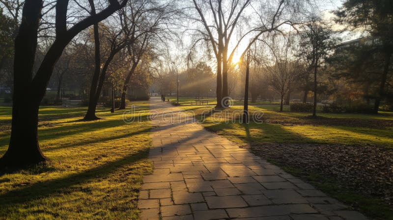 Sunlit Pathway through a Park with Silhouetted Trees Stock Illustration ...