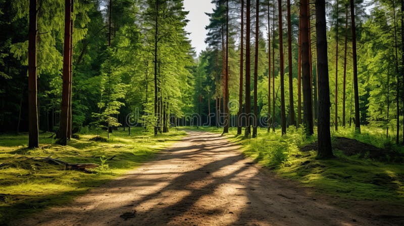 Sunlit Pathway through Pine Trees: a Captivating Uhd Image Stock ...
