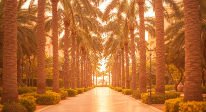 Sunlit Pathway through Rows of Palm Trees at Sunset Stock Illustration ...