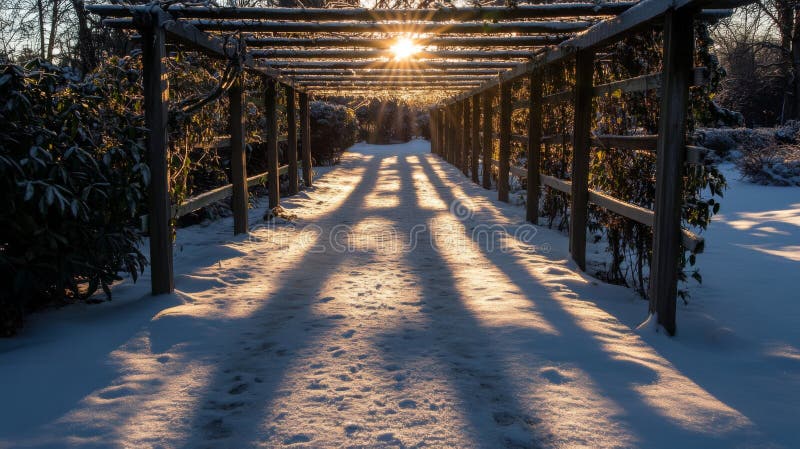 Sunlit Pathway through a Snowy Winter Trellis Stock Illustration ...
