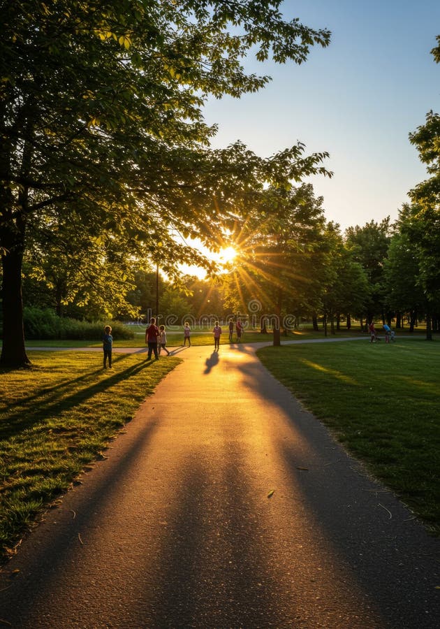 Sunlit Pathway through Summer Park at Sunset Stock Illustration ...