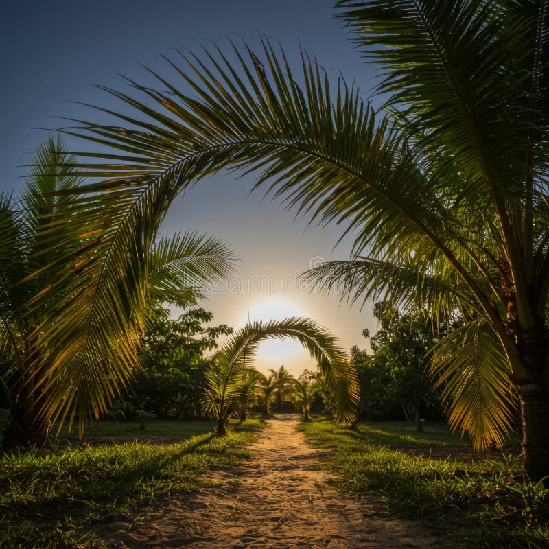 Sunlit Pathway through Tropical Palm Trees at Sunset Stock Photo ...