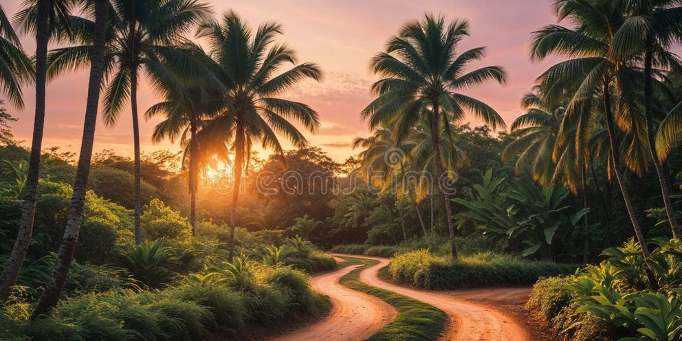 Sunlit Pathway through Tropical Trees at Sunset. Stock Photo - Image of ...