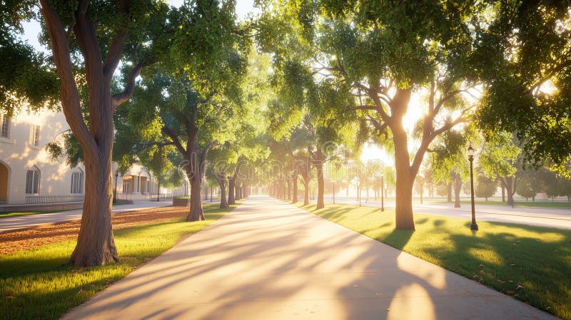 Sunlit Pathway on a University Campus, Creating a Tranquil Setting ...