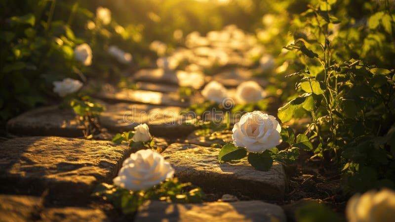 Sunlit Pathway of White Roses Stock Illustration - Illustration of ...