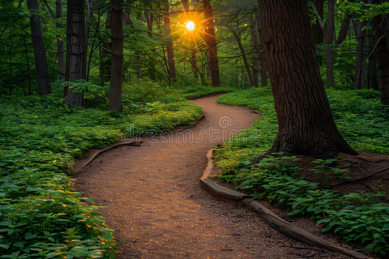 Sunlit Forest Pathway Winding through Lush Greenery in Serene Woodland ...