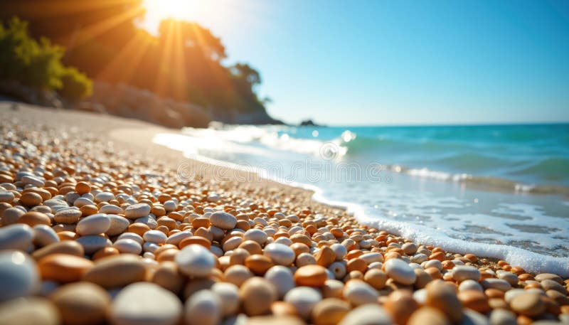 Sunlit Pebble Beach with Serene Waves Stock Illustration - Illustration ...