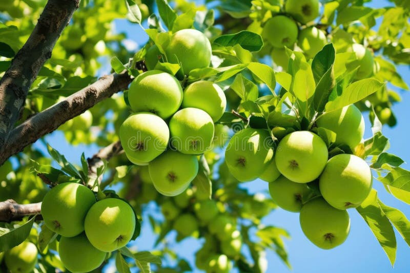 Sunlit Photo of Green, Ripening Apples on Tree Stock Image - Image of ...