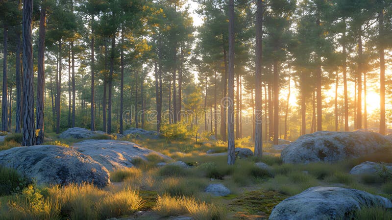 Sunlit Pine Forest, Rocks, Sunrise, Misty, Nature Background, Landscape ...